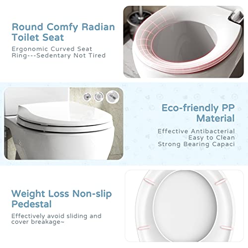 YASFEL Toilet Seat,Standard Universal Round Toilet Seat,Soft Close,Ergonomic Toilet Bowl Seat,Fits for Standard Round Toilet with Thickened Plastic Lid (Round, White)