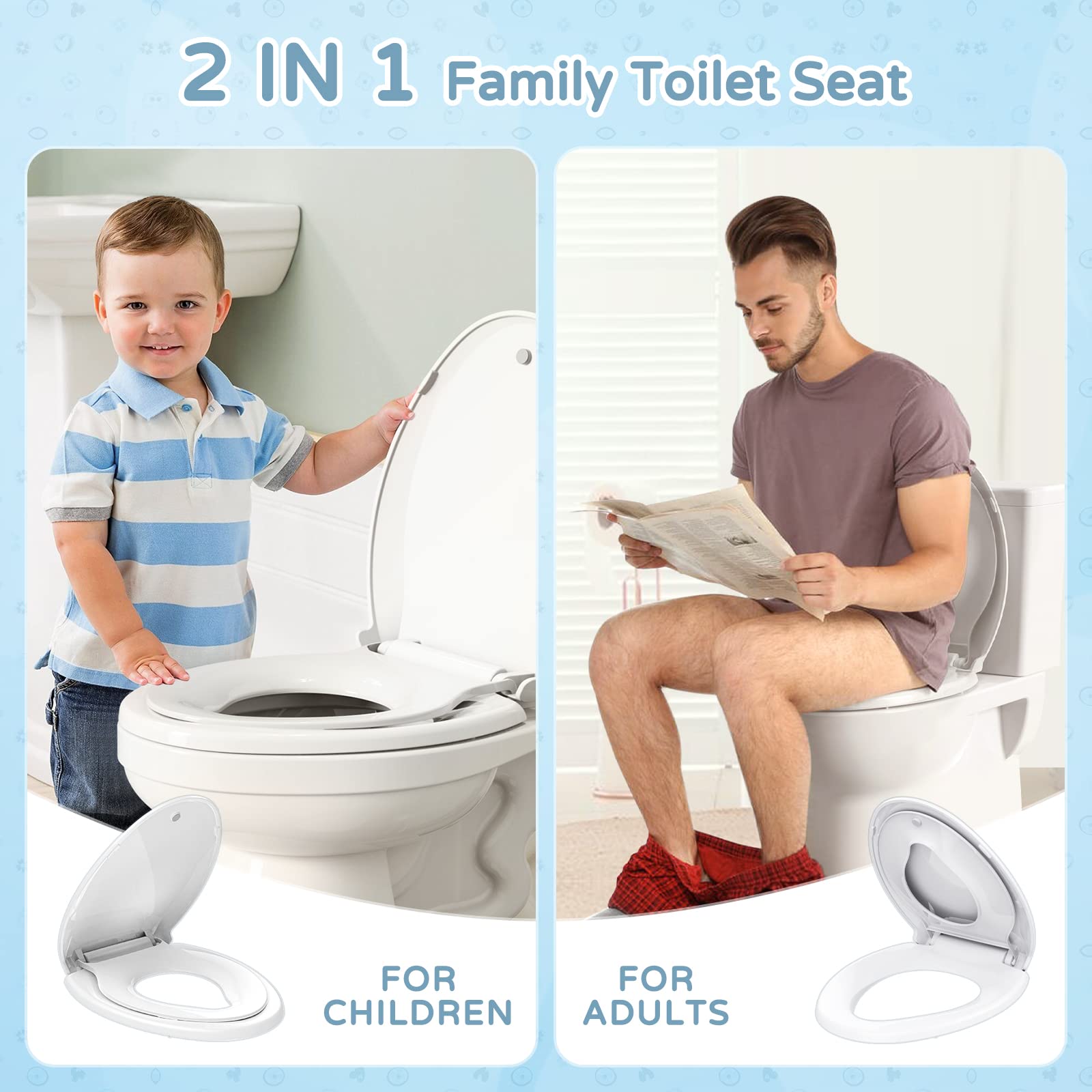 YASFEL Toilet Seat with Toddler Toilet Seat Built in, Plastic, Elongated Slow Close with Magnets For Potty Training For Kids & Adults (White, 18.5”)