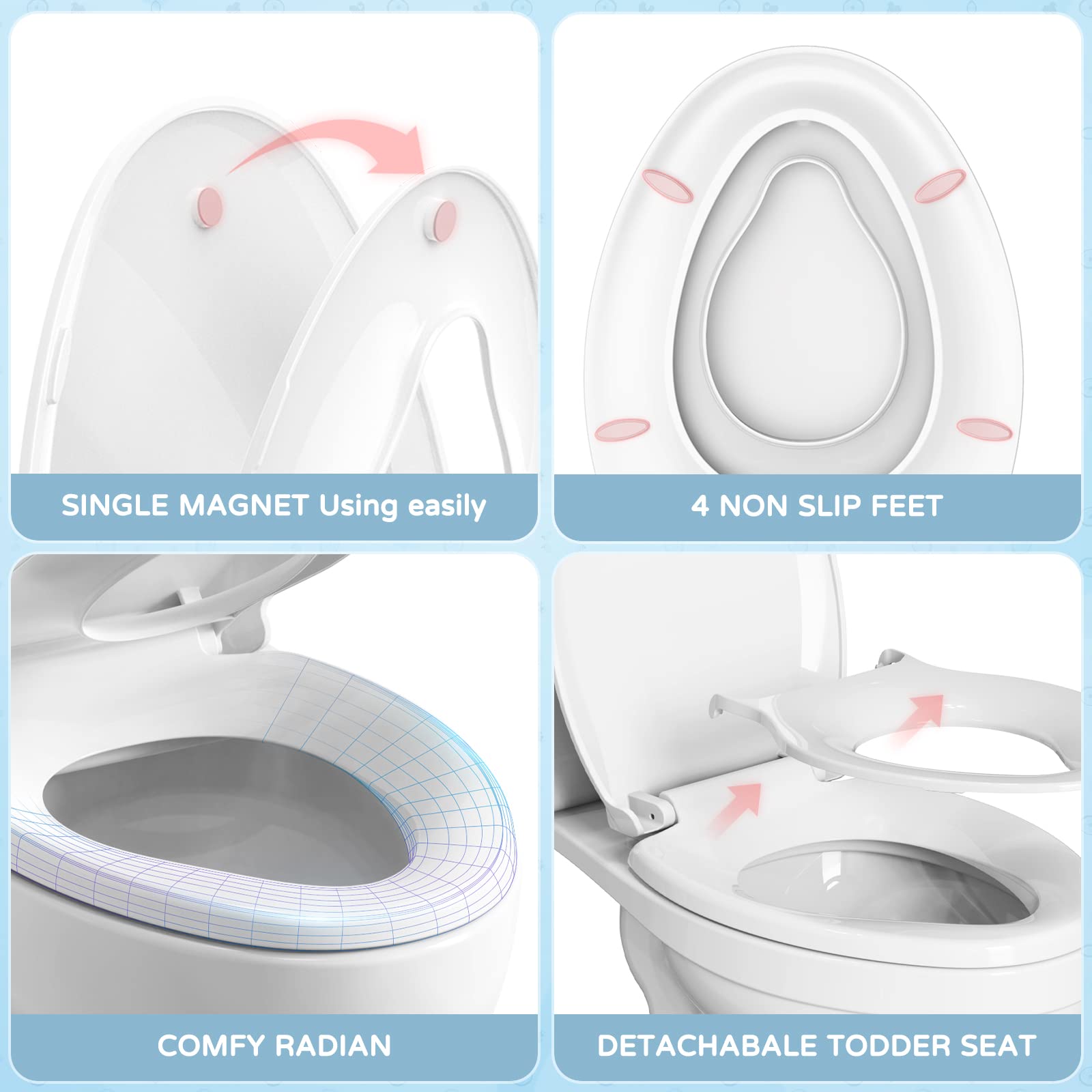 YASFEL Toilet Seat with Toddler Toilet Seat Built in, Plastic, Elongated Slow Close with Magnets For Potty Training For Kids & Adults (White, 18.5”)