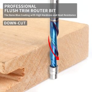 Downcut Spiral Flush Trim Router Bit, 1/4 Inch Shank Solid Carbide Flush Trim Router Bits Spiral with Nano Coated by EANOSIC (1/4" Shank Down-Cut)