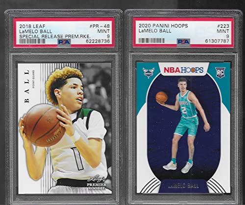 LAMELO BALL HOOPS & LEAF 2 CARD ROOKIE LOT GRADED PSA MINT 9 ROOKIE OF THE YEAR STAR NBA PLAYER