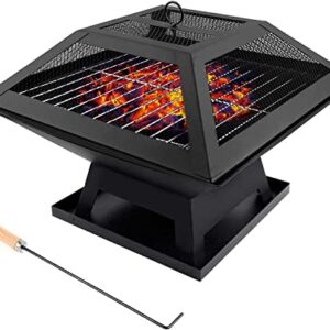 Magshion 2in1 18.5in Small Steel Wood Burning Fire Pit with Cooking Grate Square BBQ Grill Brazier Firepit Fire Bowl Fire Poker Backyard Patio Camping