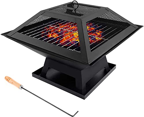 Magshion 2in1 18.5in Small Steel Wood Burning Fire Pit with Cooking Grate Square BBQ Grill Brazier Firepit Fire Bowl Fire Poker Backyard Patio Camping