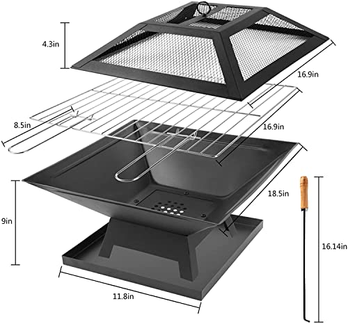 Magshion 2in1 18.5in Small Steel Wood Burning Fire Pit with Cooking Grate Square BBQ Grill Brazier Firepit Fire Bowl Fire Poker Backyard Patio Camping