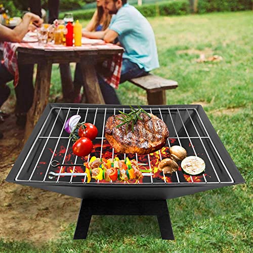 Magshion 2in1 18.5in Small Steel Wood Burning Fire Pit with Cooking Grate Square BBQ Grill Brazier Firepit Fire Bowl Fire Poker Backyard Patio Camping