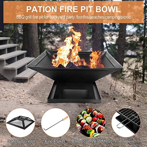 Magshion 2in1 18.5in Small Steel Wood Burning Fire Pit with Cooking Grate Square BBQ Grill Brazier Firepit Fire Bowl Fire Poker Backyard Patio Camping