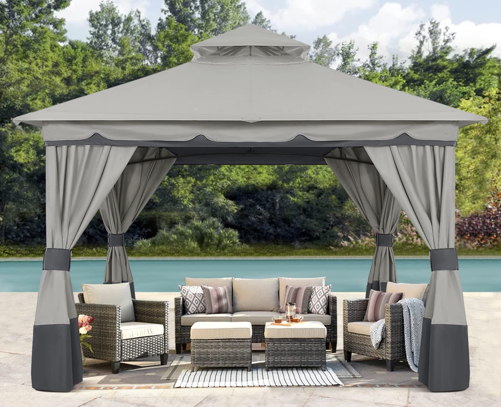 ABCCANOPY 8'x8' Outdoor Gazebo, Double Roof Patio Gazebo with and Shade Curtains, Light Gray