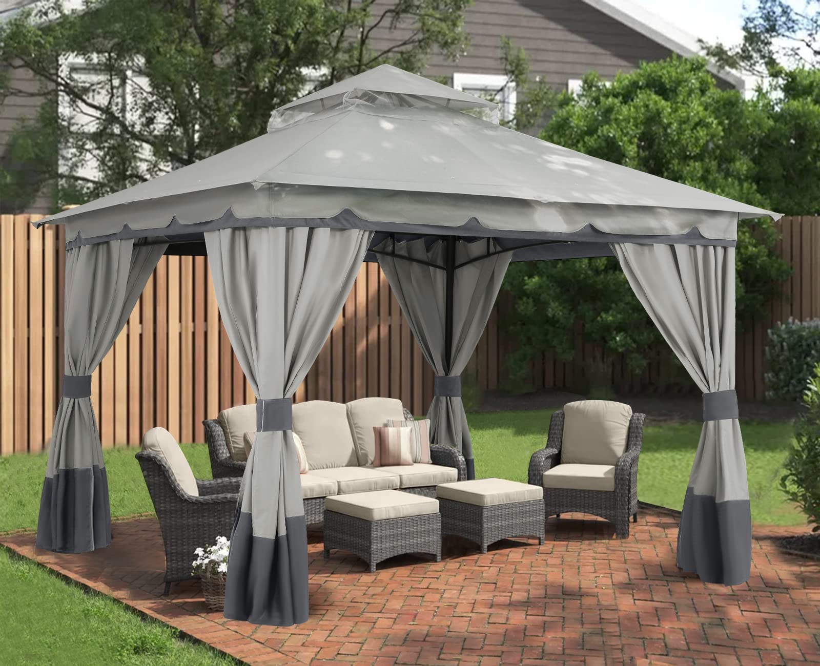 ABCCANOPY 8'x8' Outdoor Gazebo, Double Roof Patio Gazebo with and Shade Curtains, Light Gray