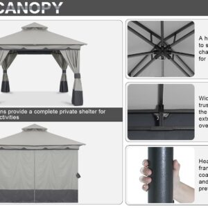 ABCCANOPY 8'x8' Outdoor Gazebo, Double Roof Patio Gazebo with and Shade Curtains, Light Gray