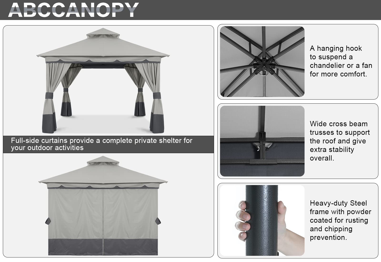 ABCCANOPY 8'x8' Outdoor Gazebo, Double Roof Patio Gazebo with and Shade Curtains, Light Gray