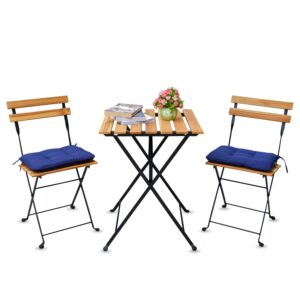 beefurni wooden folding table and chairs with cushions for small spaces, teak wood bistro set 3 piece outdoor indoor, no assembly required, perfect size for your balcony, garden, backyard, patio