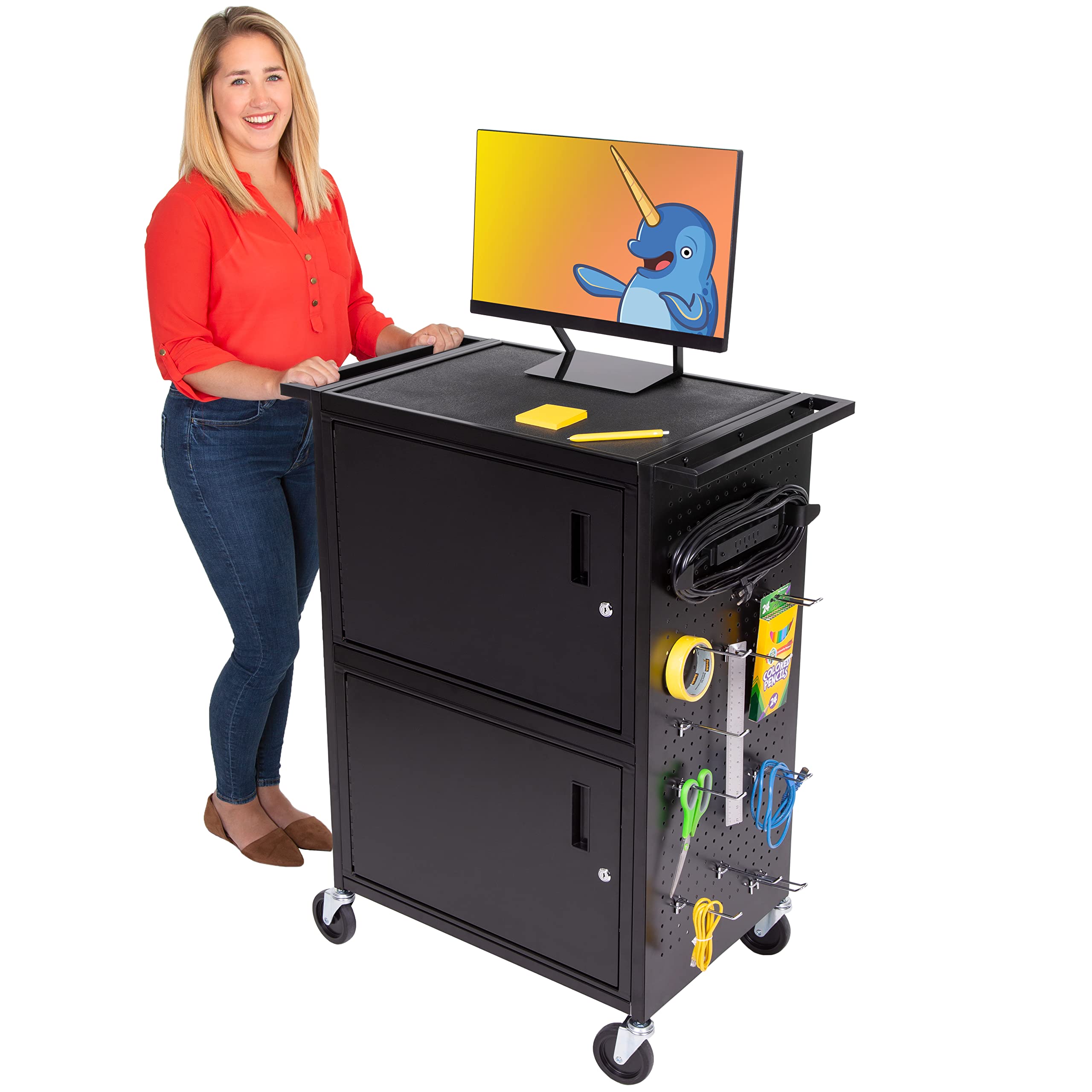 Line Leader Stellar AV Cart - Computer Cart with Customizable Pegboard & Hooks, Dual Locking Cabinets, UL Certified Power, Mobile Workstation with Locking Wheels, Ideal for Laptop & Charger Storage