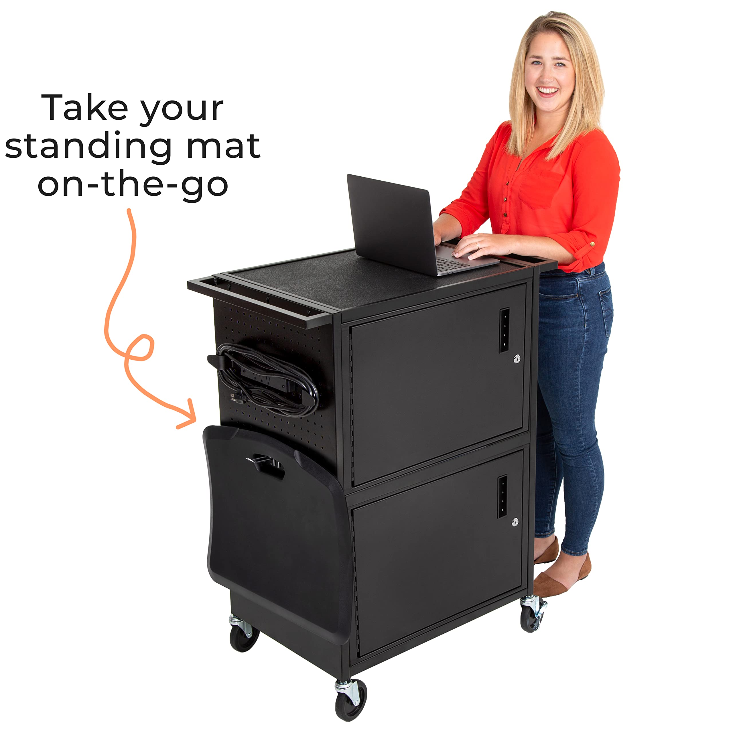 Line Leader Stellar AV Cart - Computer Cart with Customizable Pegboard & Hooks, Dual Locking Cabinets, UL Certified Power, Mobile Workstation with Locking Wheels, Ideal for Laptop & Charger Storage