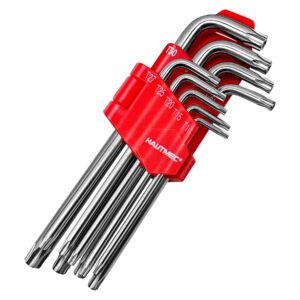 hautmec star key wrench set, 9-piece torx star wrenches- chrome vanadium steel and drilled tips for tamper resistant fasteners, ht0222-ss