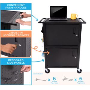 Line Leader Stellar AV Cart - Computer Cart with Customizable Pegboard & Hooks, Dual Locking Cabinets, UL Certified Power, Mobile Workstation with Locking Wheels, Ideal for Laptop & Charger Storage