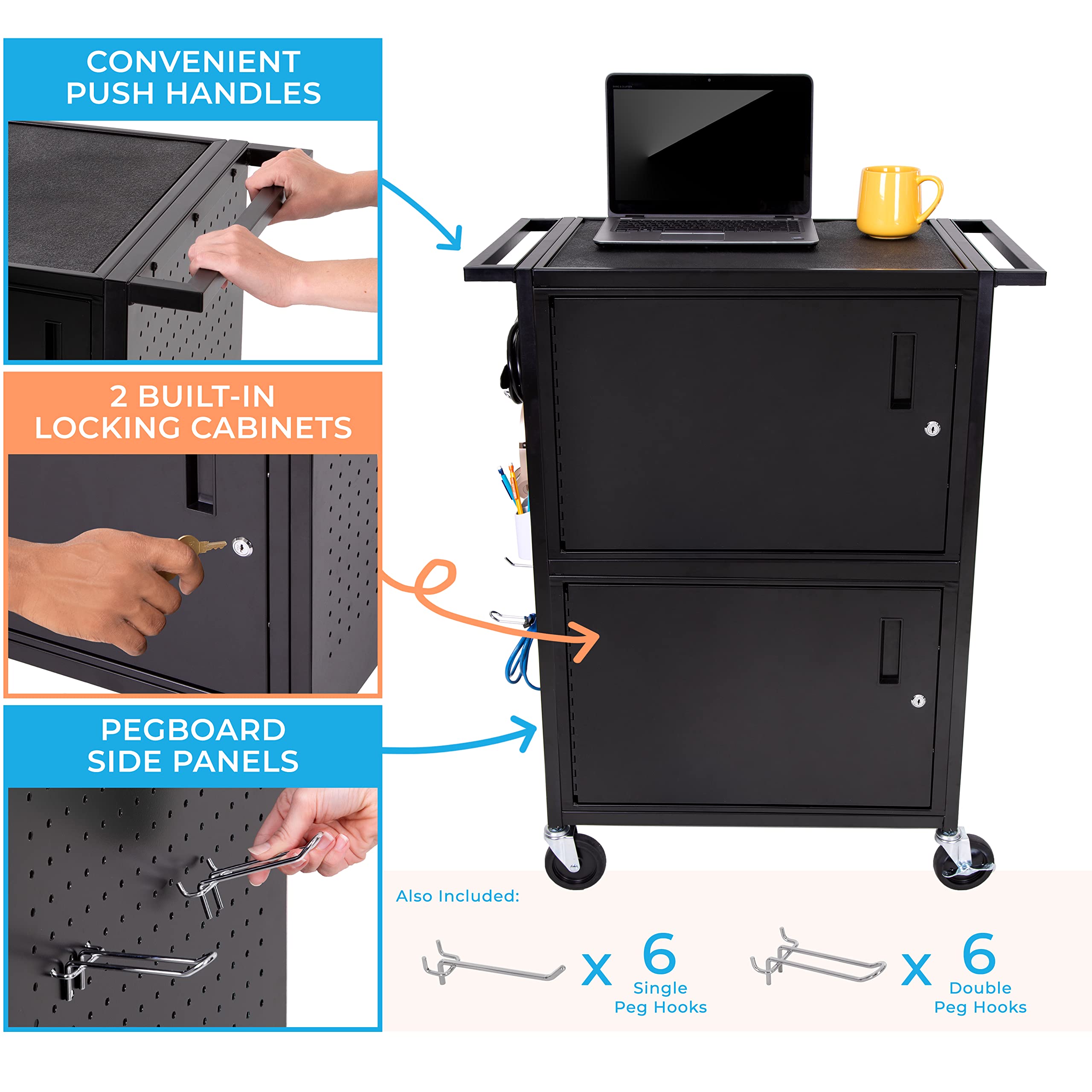 Line Leader Stellar AV Cart - Computer Cart with Customizable Pegboard & Hooks, Dual Locking Cabinets, UL Certified Power, Mobile Workstation with Locking Wheels, Ideal for Laptop & Charger Storage