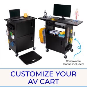 Line Leader Stellar AV Cart - Computer Cart with Customizable Pegboard & Hooks, Dual Locking Cabinets, UL Certified Power, Mobile Workstation with Locking Wheels, Ideal for Laptop & Charger Storage