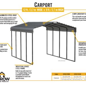 Arrow Carports Galvanized Steel Carport, Full-Size Metal Carport Kit, 12' x 24' x 9', Charcoal