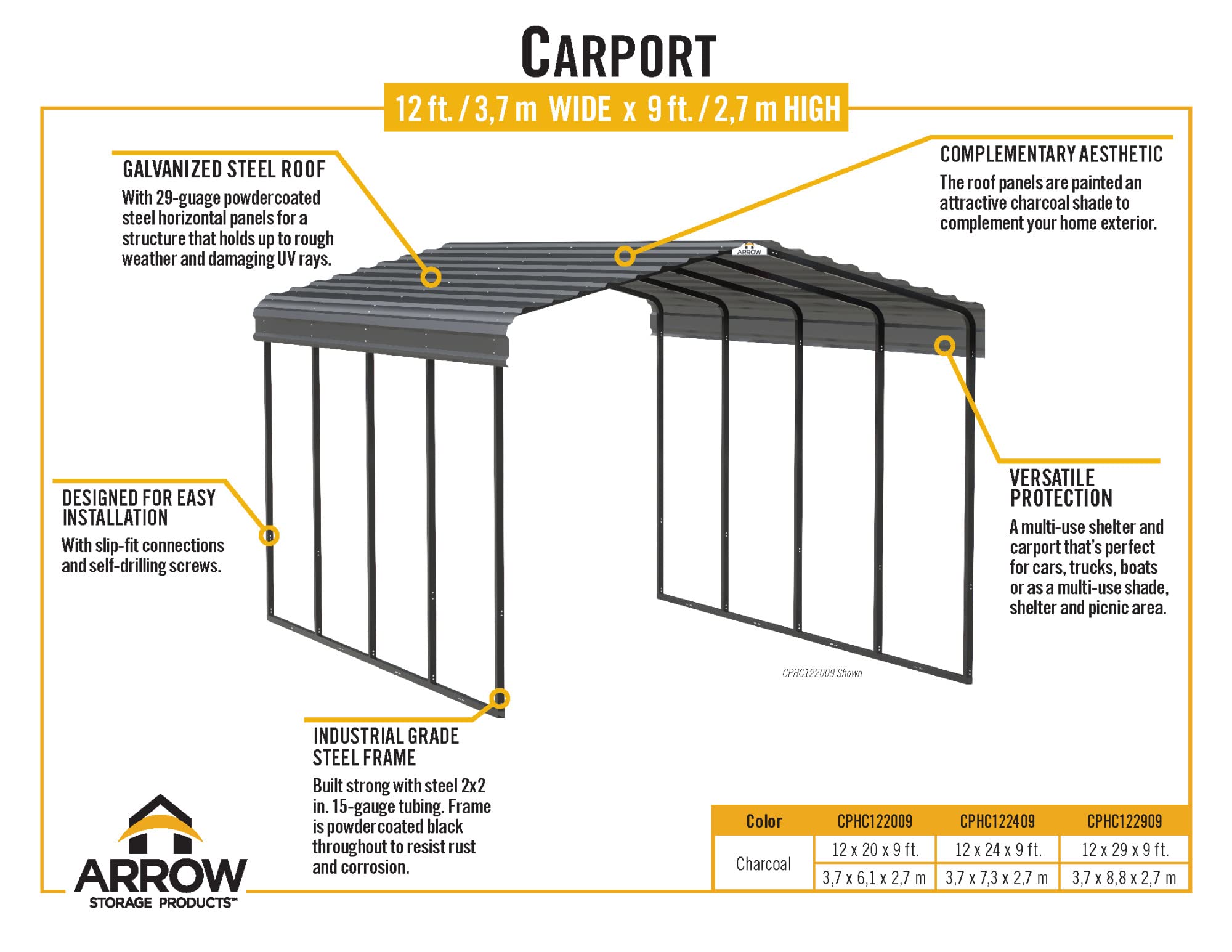 Arrow Carports Galvanized Steel Carport, Full-Size Metal Carport Kit, 12' x 24' x 9', Charcoal