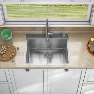 sinber 25" x 22" x 9" drop in single bowl kitchen sink with 18 gauge 304 stainless steel satin finish ht2522s-9-s (sink only)