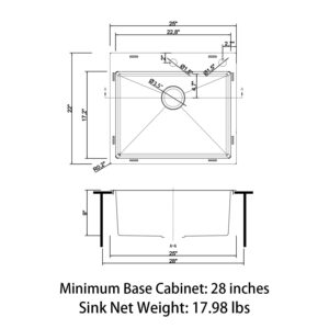 Sinber 25" x 22" x 9" Drop In Single Bowl Kitchen Sink with 18 Gauge 304 Stainless Steel Satin Finish HT2522S-9-S (Sink Only)