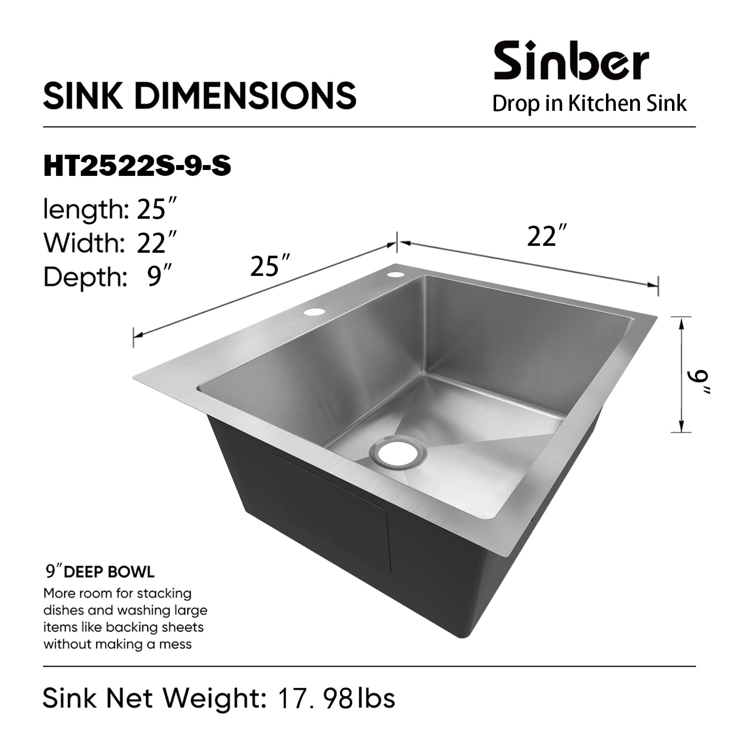 Sinber 25" x 22" x 9" Drop In Single Bowl Kitchen Sink with 18 Gauge 304 Stainless Steel Satin Finish HT2522S-9-S (Sink Only)