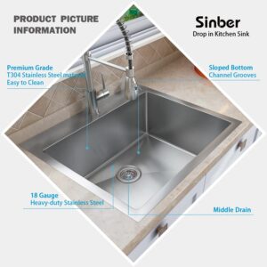 Sinber 25" x 22" x 9" Drop In Single Bowl Kitchen Sink with 18 Gauge 304 Stainless Steel Satin Finish HT2522S-9-S (Sink Only)