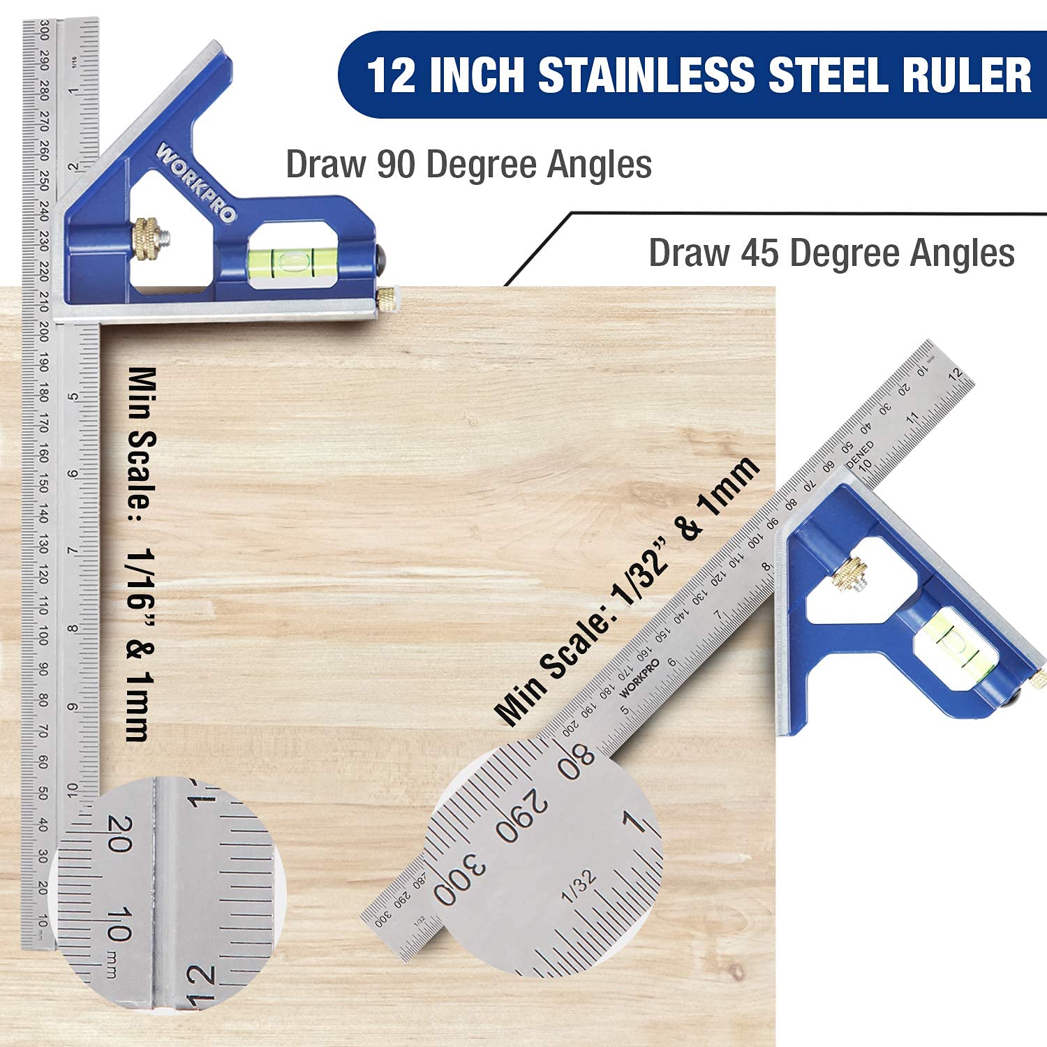 WORKPRO Square and Combination Square Tool Set+WORKPRO 8-Piece Clamp Set for Woodworking