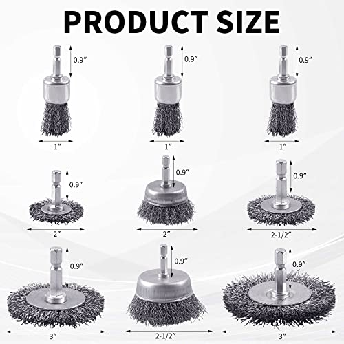 WENORA 9 Pcs Wire Brush Wheel for Drill, 0.012 Coarse Carbon Steel Crimping Wire Brush for Drill, 1/4 Inch Hex Shank, Wire Brush Drill Bit, Wire Brush for Rust Removal, Wire Brush Drill Attachments