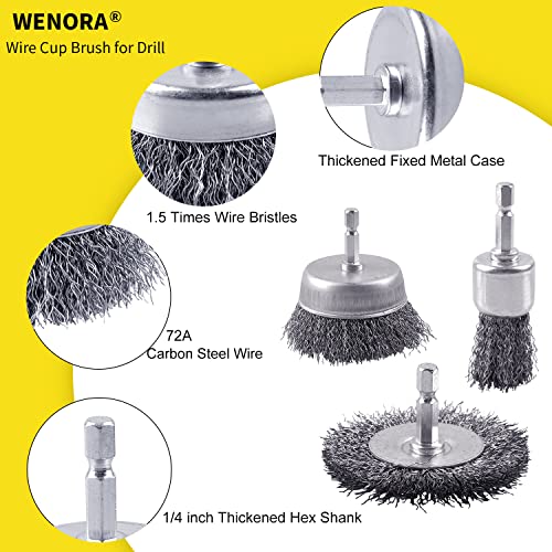 WENORA 9 Pcs Wire Brush Wheel for Drill, 0.012 Coarse Carbon Steel Crimping Wire Brush for Drill, 1/4 Inch Hex Shank, Wire Brush Drill Bit, Wire Brush for Rust Removal, Wire Brush Drill Attachments