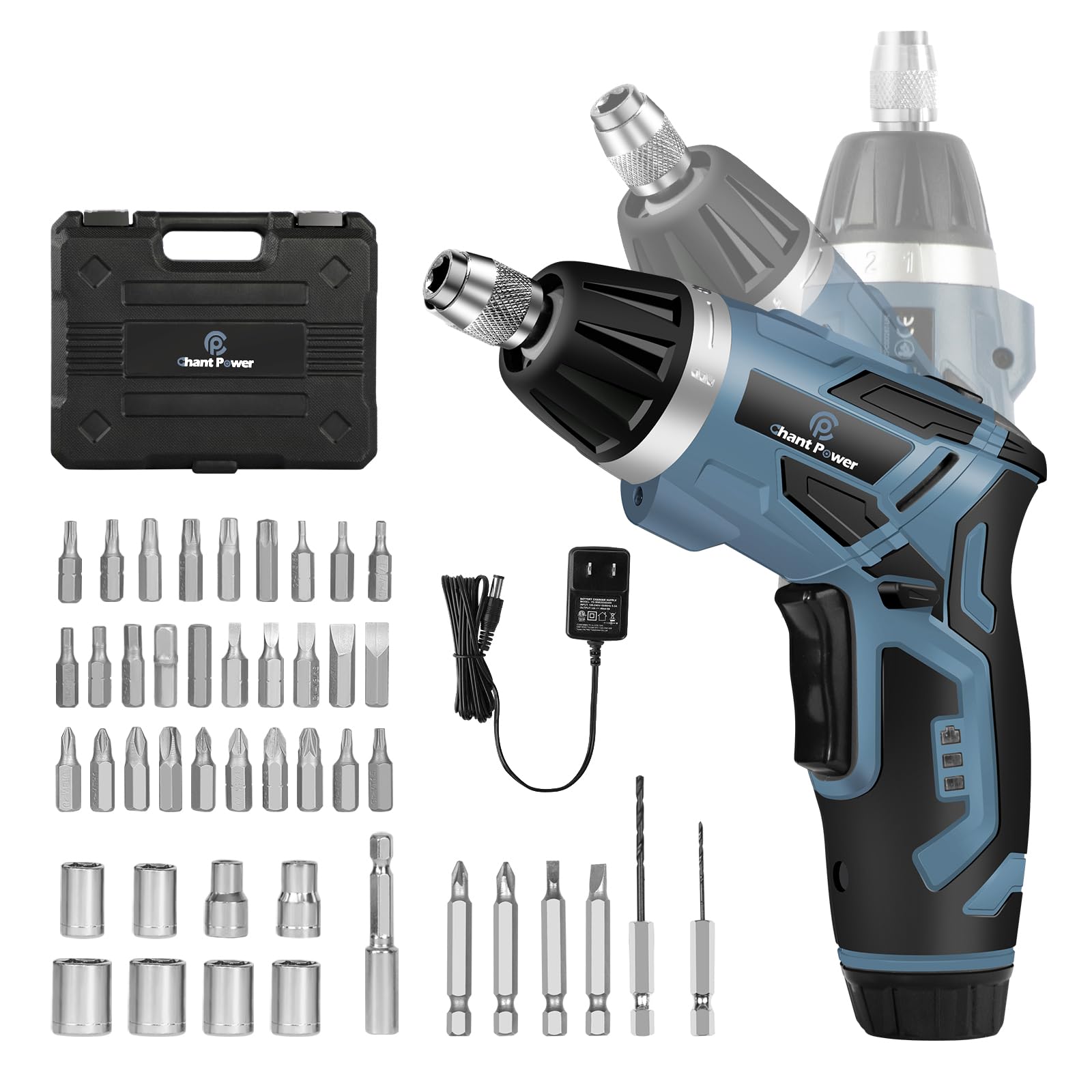 C P CHANTPOWER Cordless Electric Screwdriver Set，6+1 Torque Gears,1/4'' Hex Self-Lock Chuck, 4V Rechargeable lightweight Screwdriver with 44pcs Accessories Flashlight Charger and Carrying Case Blue