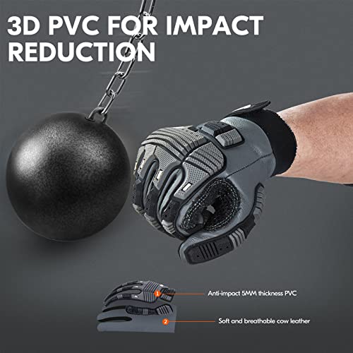 Vgo... 1Pair Safety Leather Work Gloves,Mechanics Impact Anti-Vibration Gloves,Rigger Gloves,Heavy Duty,Water Resistant(Size L,Gray,CA7722WR)