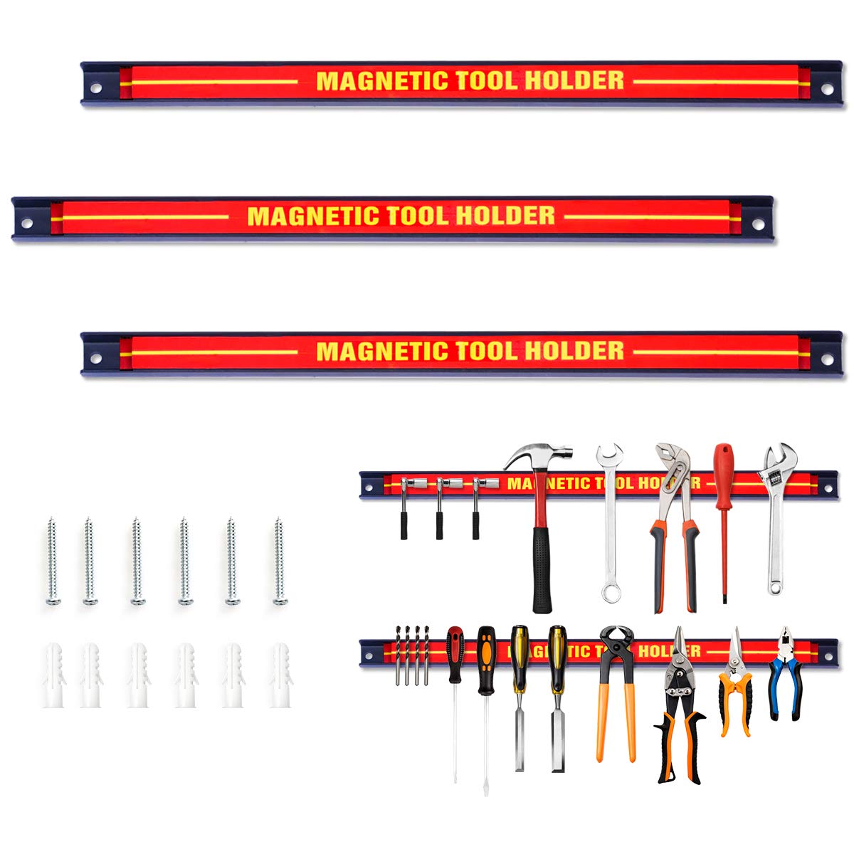 Happytools 18” Magnetic Tool Holder, 3 PCS Heavy Duty Tool Magnet Strip w/ Strong Magnetic Force, Wall Mounted Magnetic Tool Organizer Bars for Kitchen, Garage, Household, Workshops