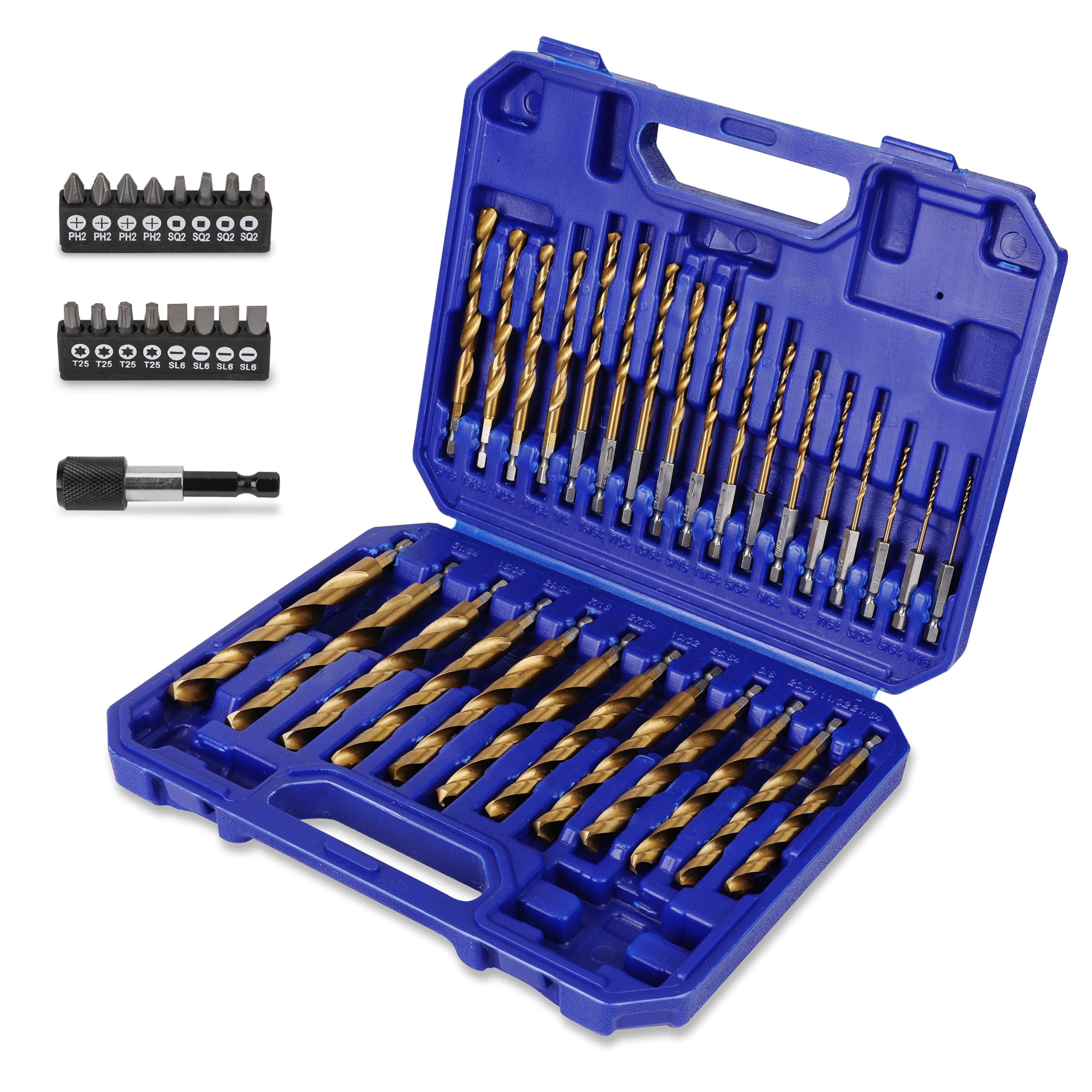 PLATINUMEDGE 46 Pieces Titanium Twist Drill Bit Set with Cr-V Bits, Hex Shank Drill Bit Set, 29 Pieces HSS Drill Bits from 1/16” to 1/2”, 1 Quick-Change Adapter, 16 Pieces Cr-V Bits, Quick Change