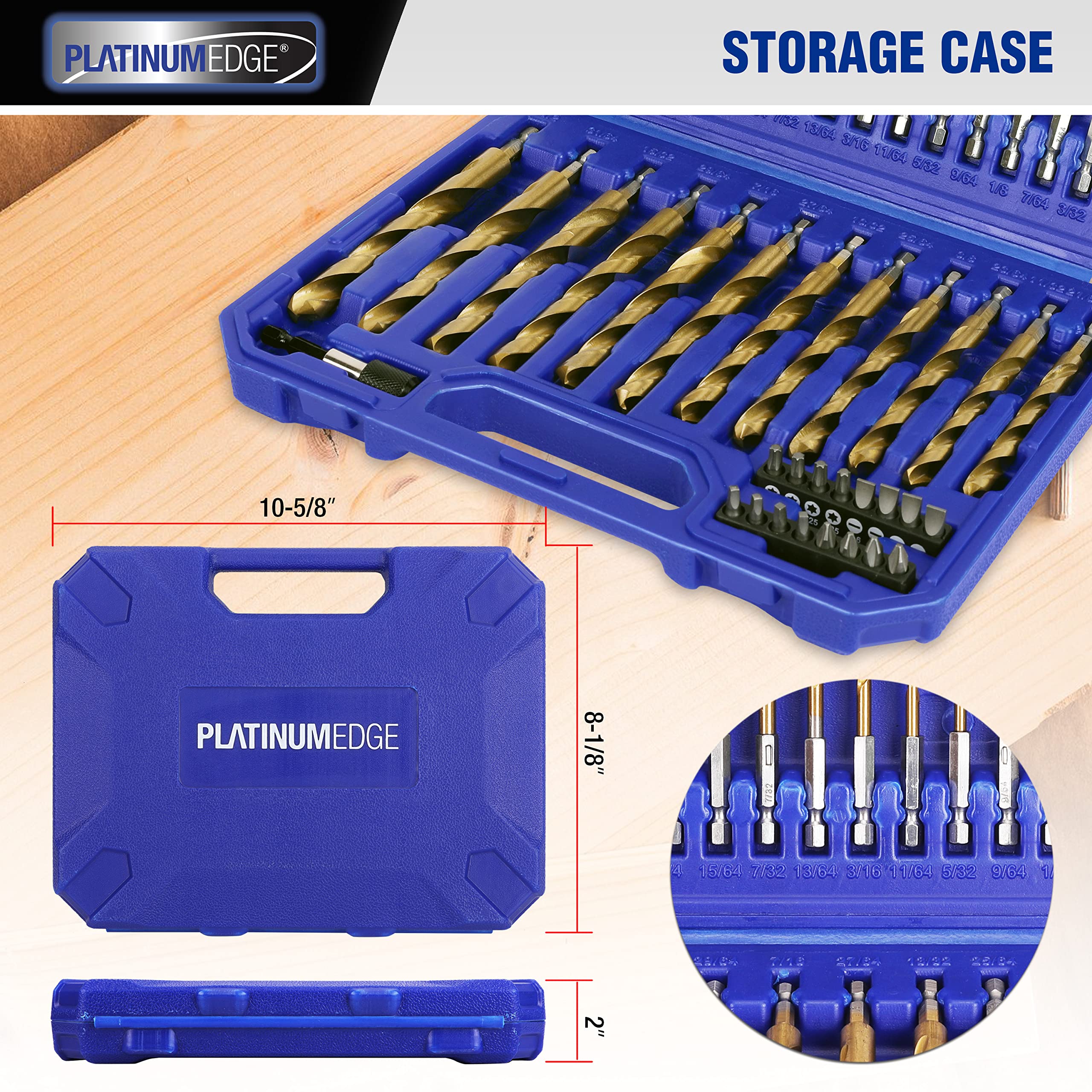 PLATINUMEDGE 46 Pieces Titanium Twist Drill Bit Set with Cr-V Bits, Hex Shank Drill Bit Set, 29 Pieces HSS Drill Bits from 1/16” to 1/2”, 1 Quick-Change Adapter, 16 Pieces Cr-V Bits, Quick Change