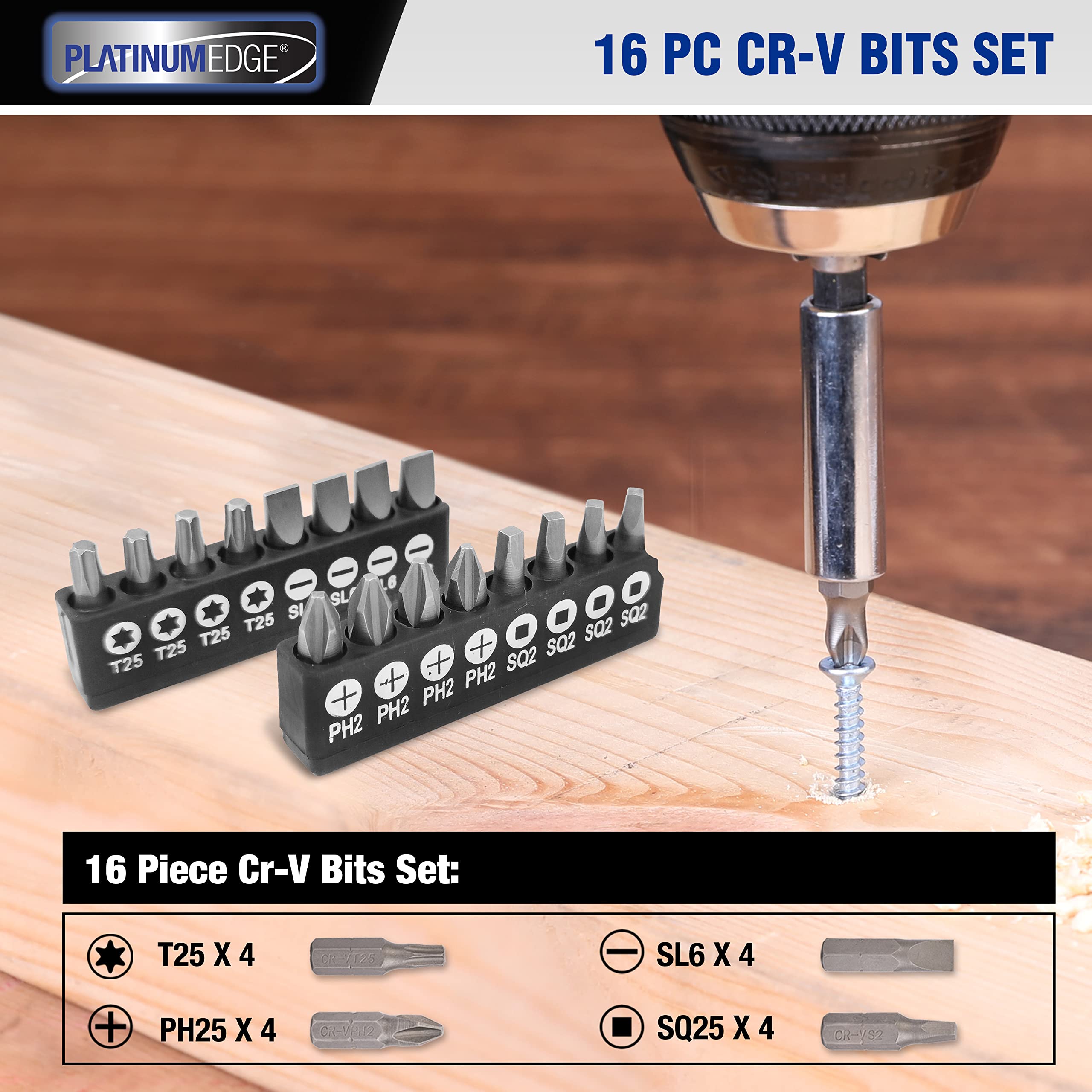 PLATINUMEDGE 46 Pieces Titanium Twist Drill Bit Set with Cr-V Bits, Hex Shank Drill Bit Set, 29 Pieces HSS Drill Bits from 1/16” to 1/2”, 1 Quick-Change Adapter, 16 Pieces Cr-V Bits, Quick Change