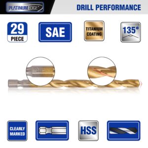 PLATINUMEDGE 46 Pieces Titanium Twist Drill Bit Set with Cr-V Bits, Hex Shank Drill Bit Set, 29 Pieces HSS Drill Bits from 1/16” to 1/2”, 1 Quick-Change Adapter, 16 Pieces Cr-V Bits, Quick Change