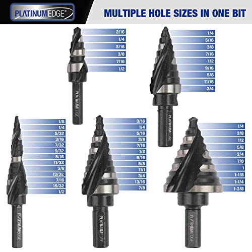 PLATINUMEDGE Step Drill Bits Set, 5 Pieces SAE, High Speed Steel Step Bits with 50 Total Step Sizes, Double Flute Cutting Blades, Nitride Black Coating and Polished