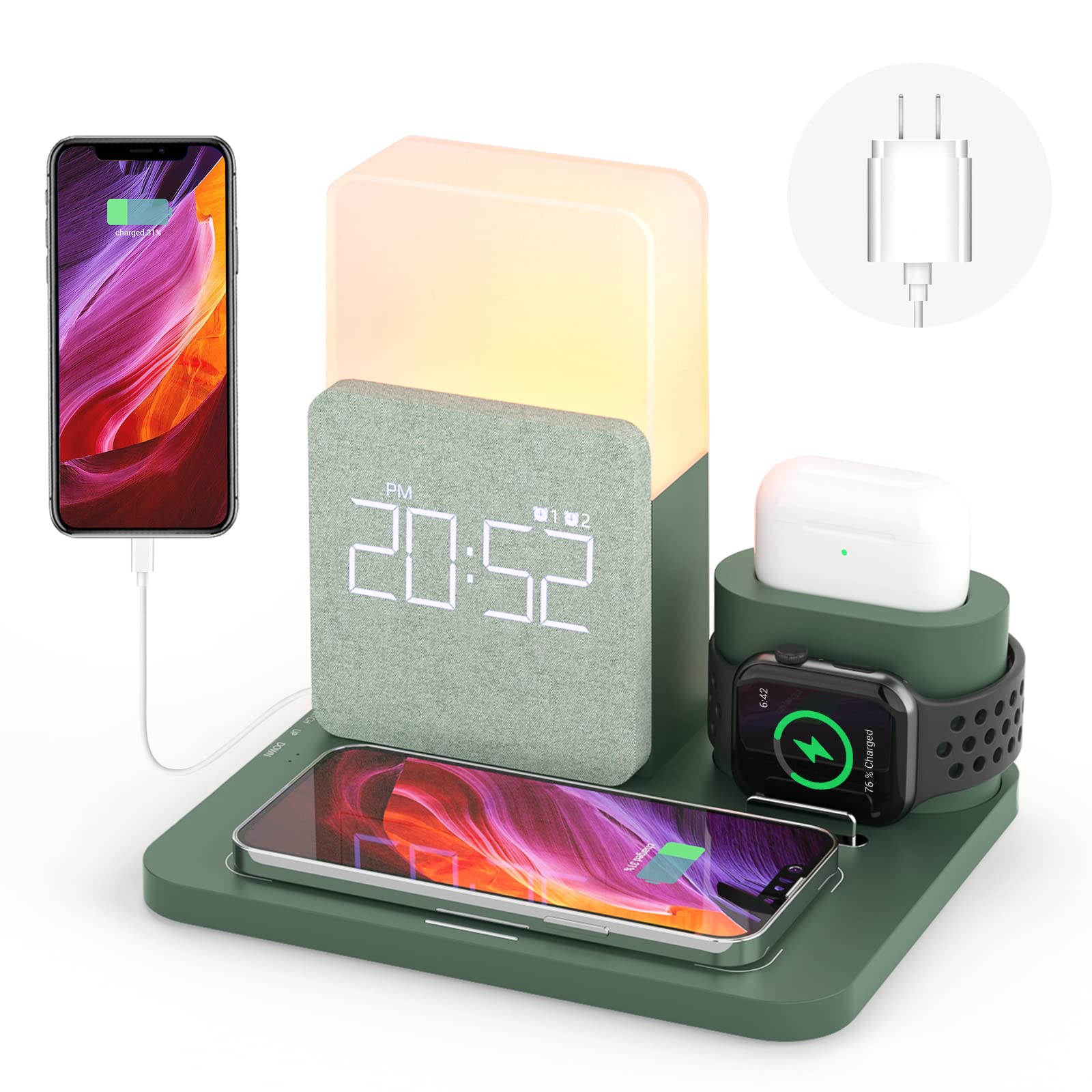 Wireless Charging Station, iPhone 3 in 1 Fast 15W Wireless Charger with Alarm Clock and Night Light, Charging Dock for iPhone 12/13/14/15 Pro/Pro Max, Samsung, AirPods