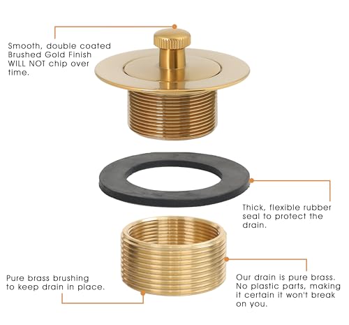 100% Brass Lift and Turn Bathtub Drain Set w/Overflow Plate - Drain Conversion Kit - Fits All Bathtub Sizes - Universal Fine/Coarse Thread - Designed & Tested in America (Brushed Gold)