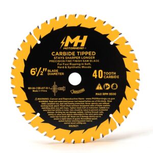 motorhead 6-1/2-inch 40-tooth precision fine-finish tungsten carbide tip circular saw blade, thin kerf, non-stick, corrosion-resistant, 5/8” arbor, universal: corded & cordless, 40t, usa-based support