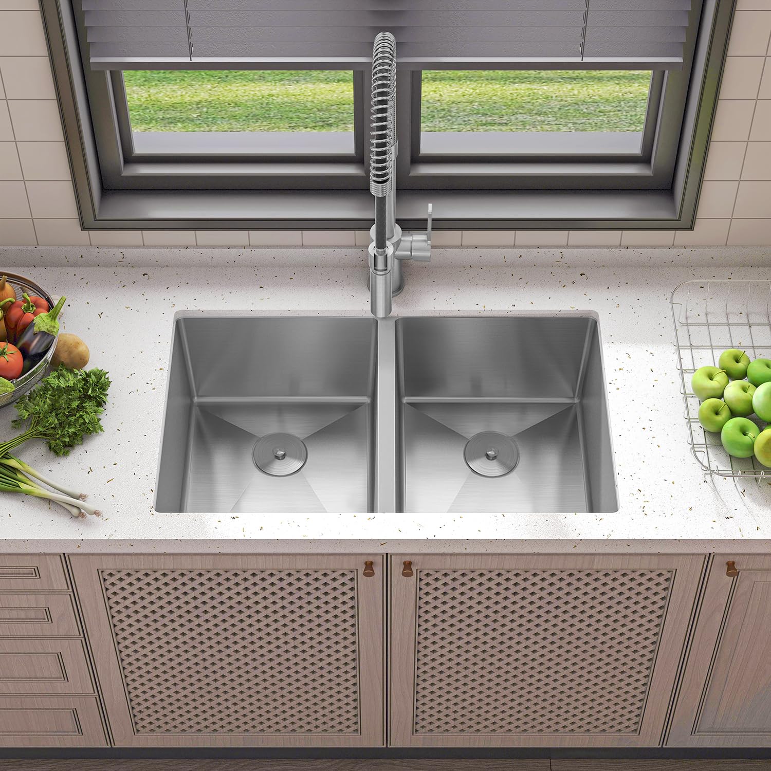 Sinber 32" x 19" x 10" Undermount Double Bowl Kitchen Sink with 18 Gauge 304 Stainless Steel Satin Finish HU3219D (Sink Only)