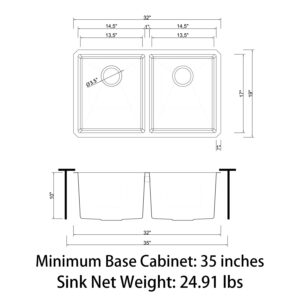 Sinber 32" x 19" x 10" Undermount Double Bowl Kitchen Sink with 18 Gauge 304 Stainless Steel Satin Finish HU3219D (Sink Only)