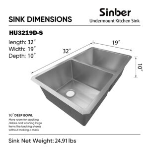 Sinber 32" x 19" x 10" Undermount Double Bowl Kitchen Sink with 18 Gauge 304 Stainless Steel Satin Finish HU3219D (Sink Only)