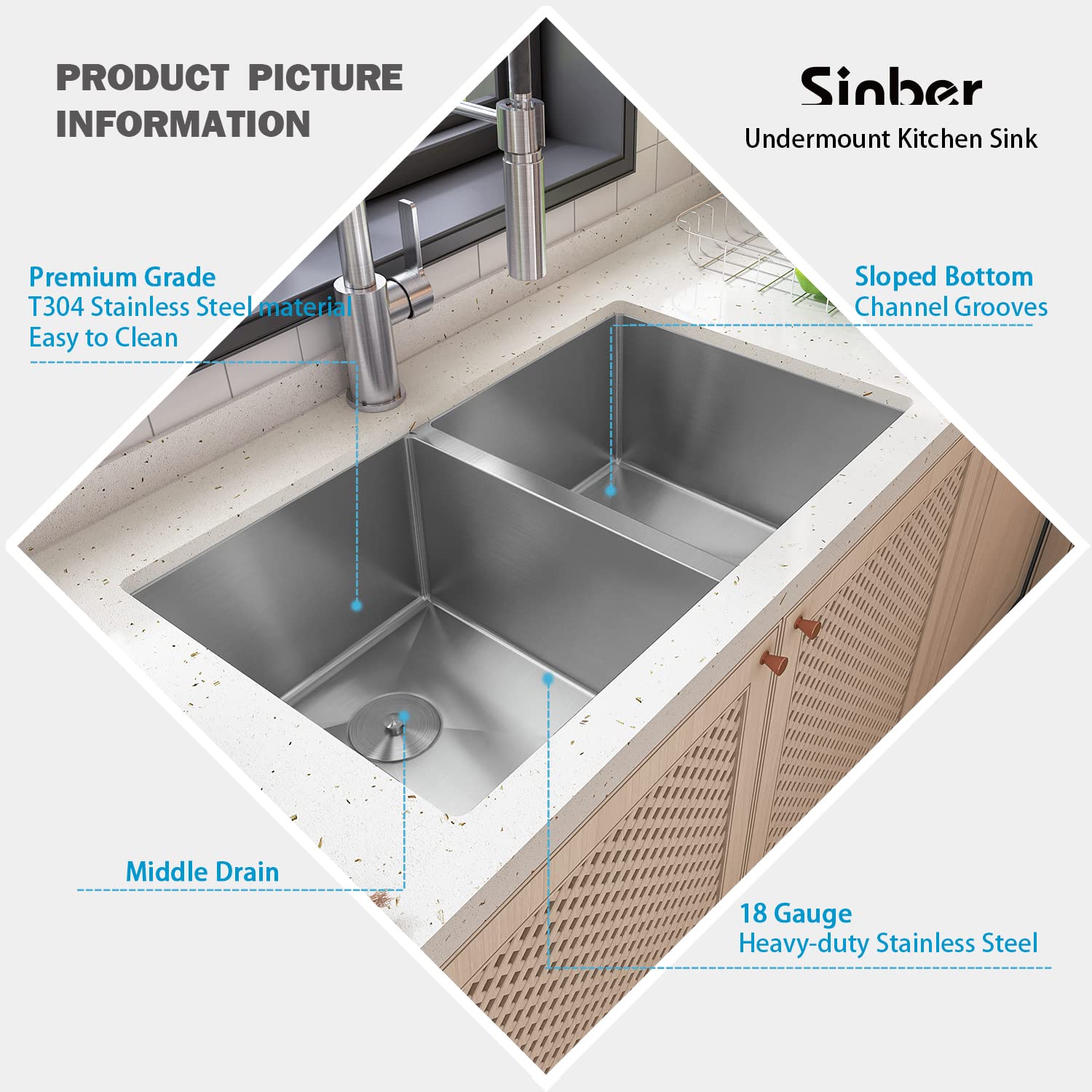 Sinber 32" x 19" x 10" Undermount Double Bowl Kitchen Sink with 18 Gauge 304 Stainless Steel Satin Finish HU3219D (Sink Only)