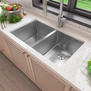 Sinber 32" x 19" x 10" Undermount Double Bowl Kitchen Sink with 18 Gauge 304 Stainless Steel Satin Finish HU3219D (Sink Only)