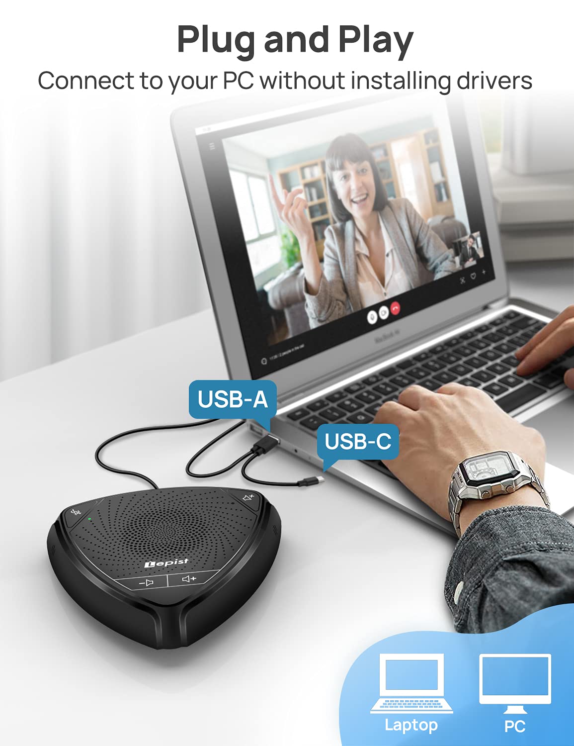 USB Speakerphone, Lepist Computer Speakers with Microphone for 4 People Business Conference 360° Voice Pickup, USB Skype Speakerphone Conference Call Speaker with Microphone, Plug and Play, LE2101N