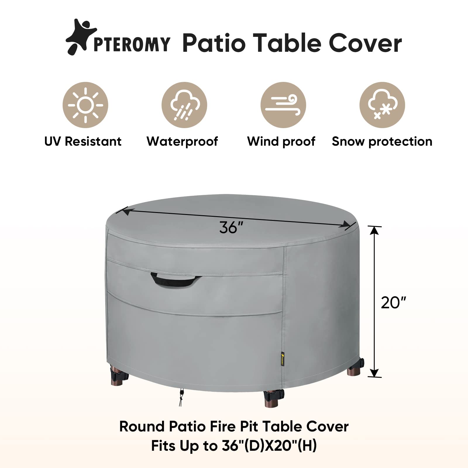 PTEROMY Patio Fire Pit Table Cover, Heavy Duty 600D Canvas Outdoor Waterproof Fireplace Cover (Pewter Gray, Round, 36'')