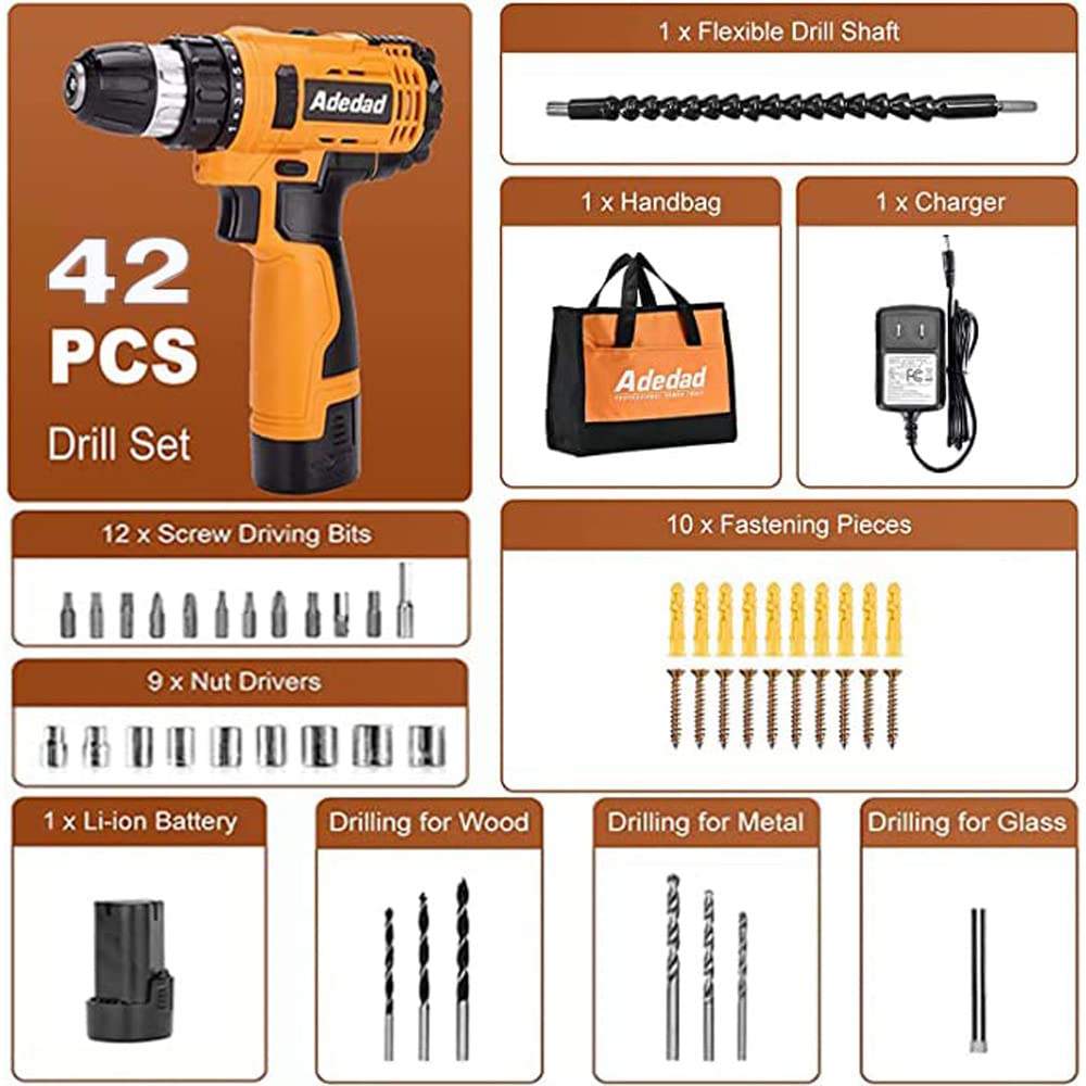 Adedad 12V Cordless Drill Set Electric Power Drill Kit with Battery and Charger, 3/8 Inch Keyless Chuck,21+1 Position, 2 Variable Speed, LED Light and 42pcs Accessories