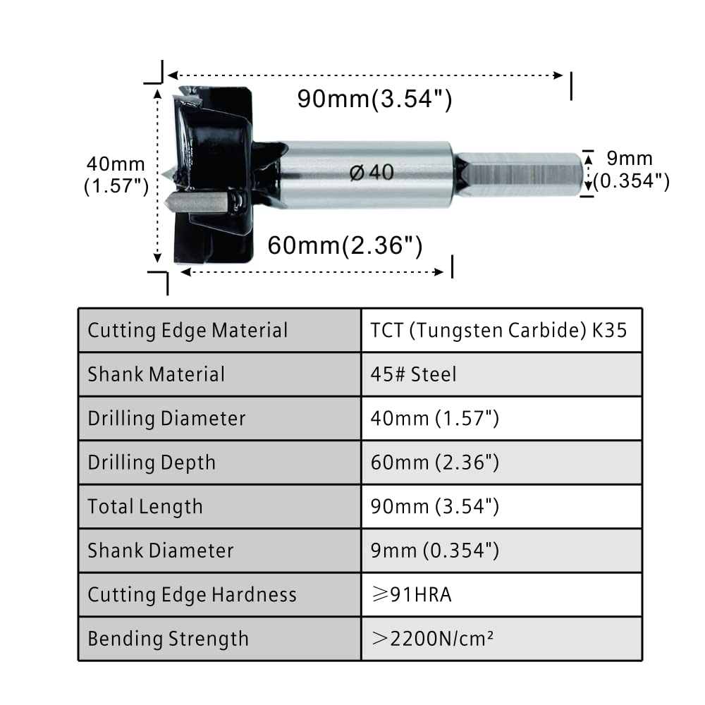 Forstner Drill Bits 40mm (1-9/16 inch) Tungsten Carbide Upgraded Version 3-Cutter Higher Hardness Wood Hole Saw Auger Opener Woodworking Drilling Tool Wood Cutter